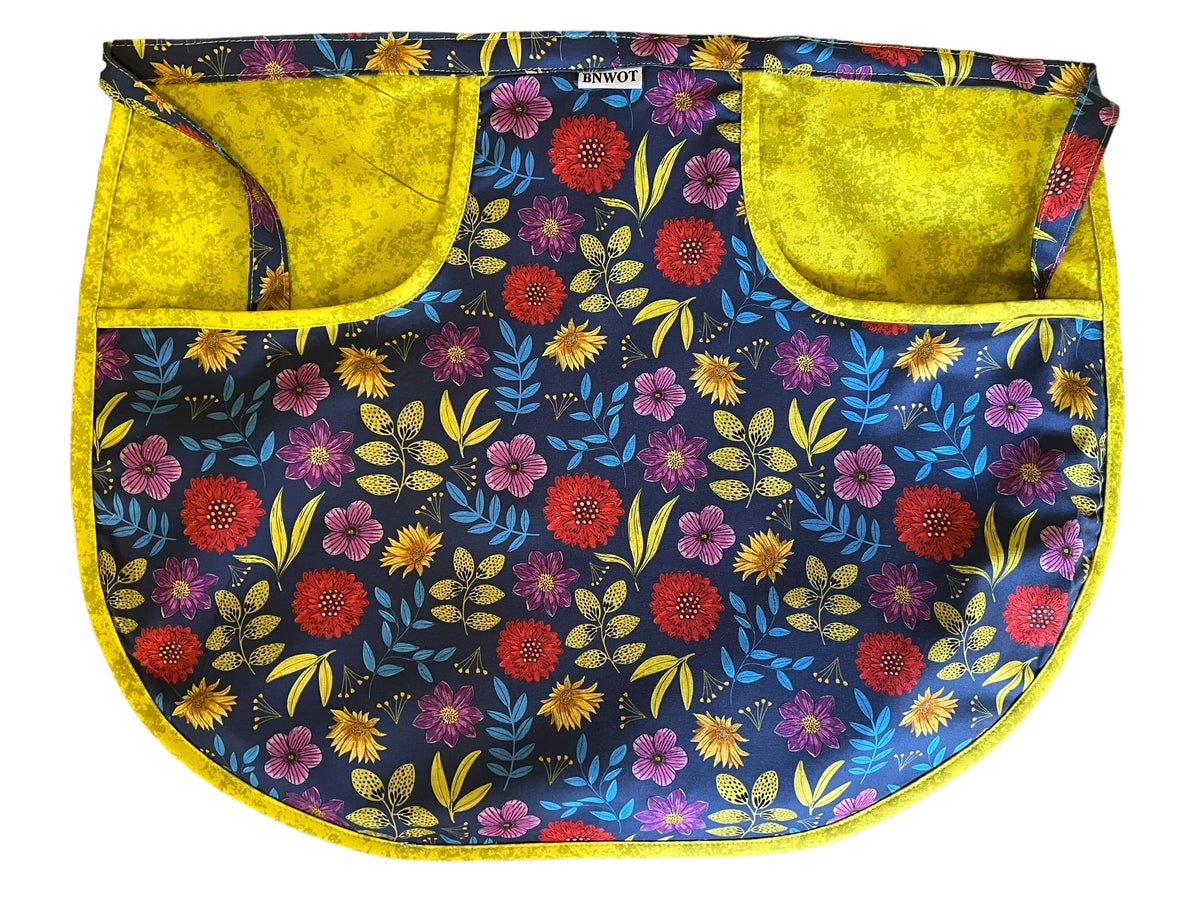 Peg Apron Navy Vintage Floral & Chartreuse – Handmade - NZ